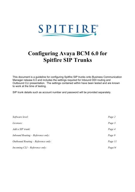 Configuring for Spitfire SIP Trunking - Avaya BCM