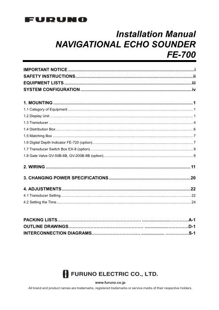 Installation manual navigational echo sounder fe-700 - furuno usa