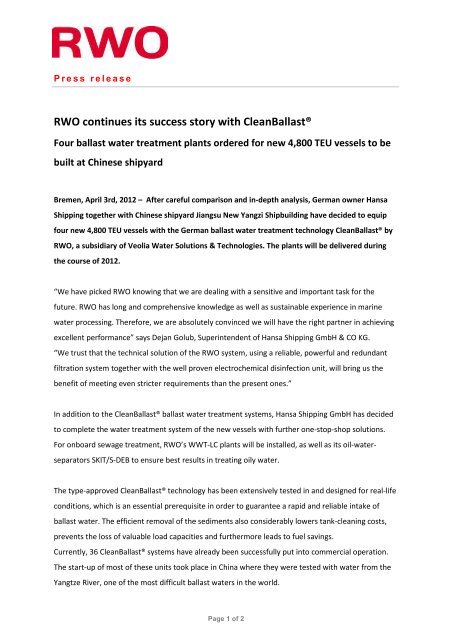 RWO continues its success story with CleanBallast - Veolia Water ...