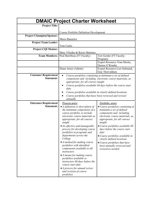 DMAIC Project Charter Worksheet
