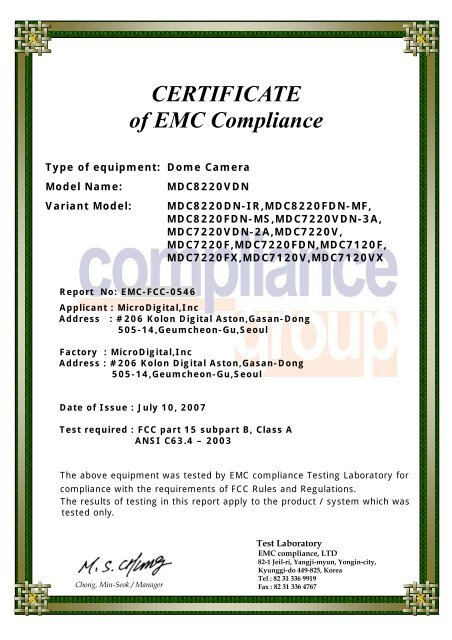 CERTIFICATE of EMC Compliance - MICRODIGITAL!