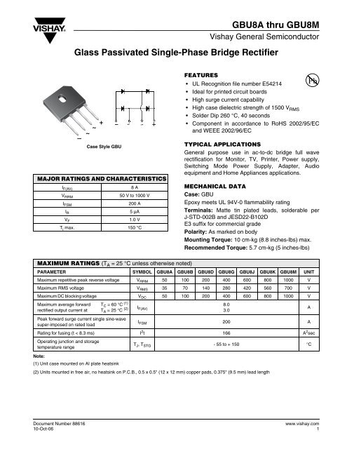 GBU8A thru GBU8M Glass Passivated Single-Phase Bridge Rectifier GBU8A thru GBU8M Glass Passivated Single-Phase Bridge Rectifier