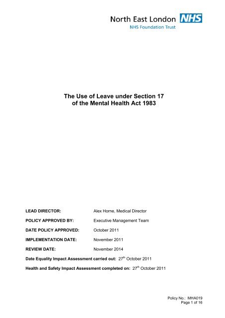 Use of Leave under Section 17 - MHA019 - North East London NHS ...
