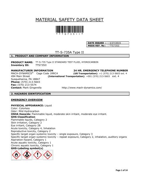 MSDS TT-S-735 Type II - Mach-Dynamics