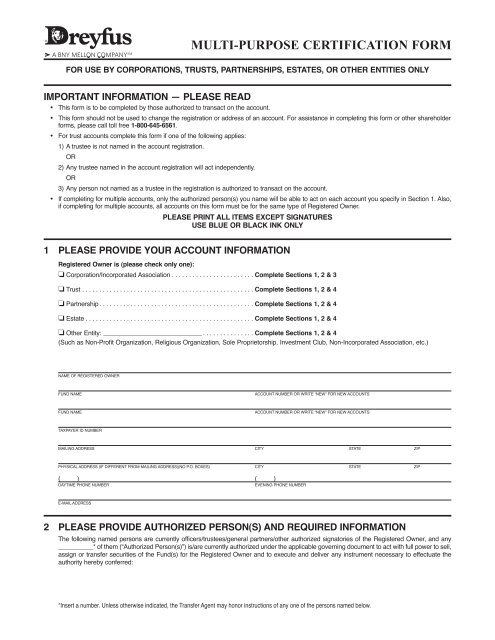MULTI-PURPOSE CERTIFICATION FORM - Dreyfus