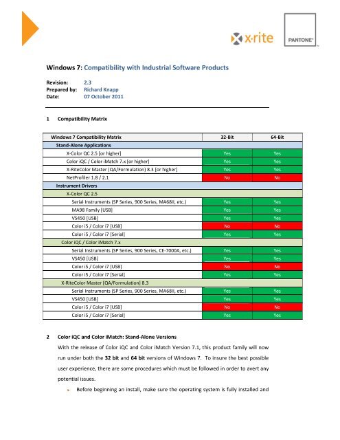 Windows 7: Compatibility with Industrial Software Products - X-Rite
