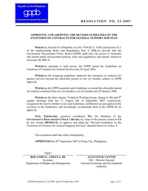 RESOLUTION NO. 23-2007 - GPPB
