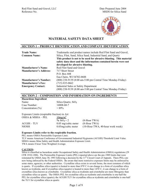 Silica Sand Material Safety Data Sheet