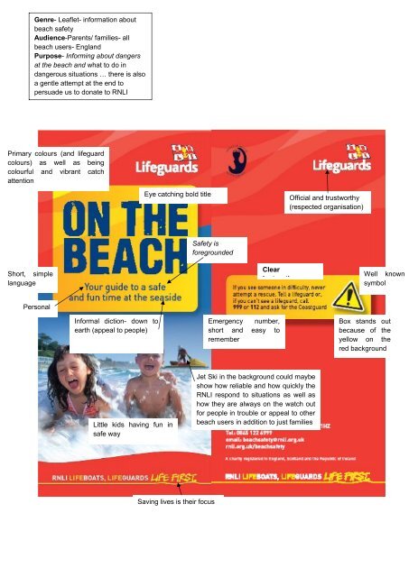 Genre- Leaflet- information about beach safety Audience-Parents ...