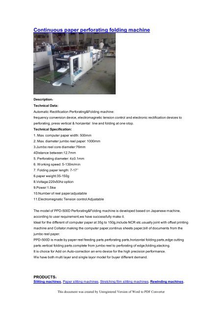 Continuous paper perforating folding machine - Rewinding machines