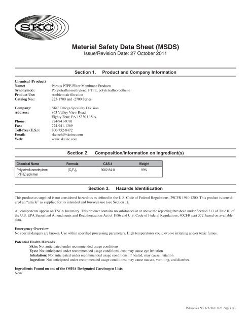 MSDS â PTFE (Polytetrafluoroethylene) Filters - SKC Inc.