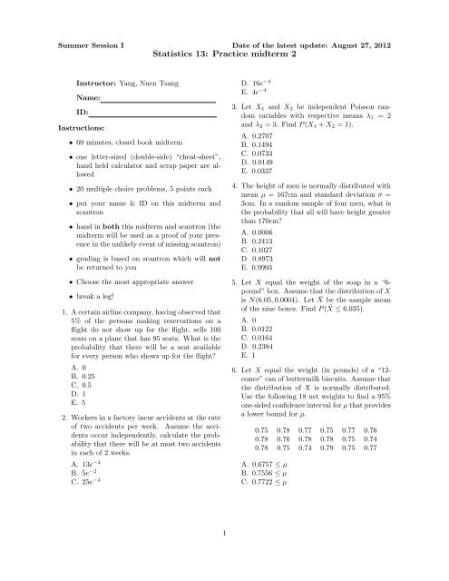 Statistics 13: Practice midterm 2