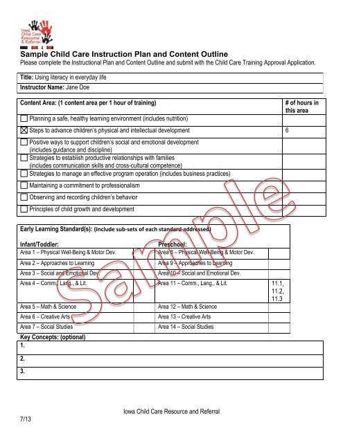 Appendix L Sample Child Care Instruction Plan and Content Outline ...