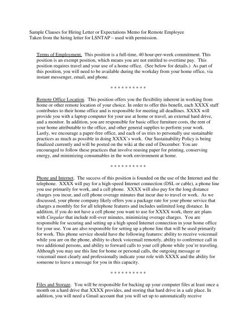 Sample Clauses for Hiring Letter or Expectations Memo for Remote ...