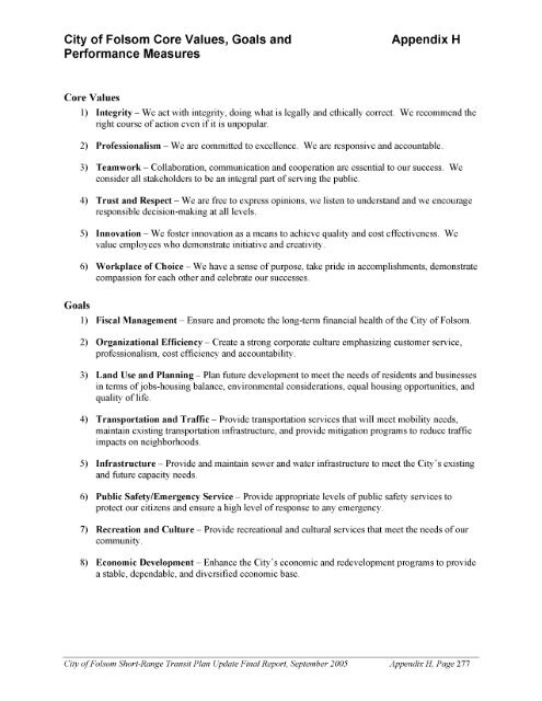 City of Folsom Core Values, Goals and Appendix H Performance ...