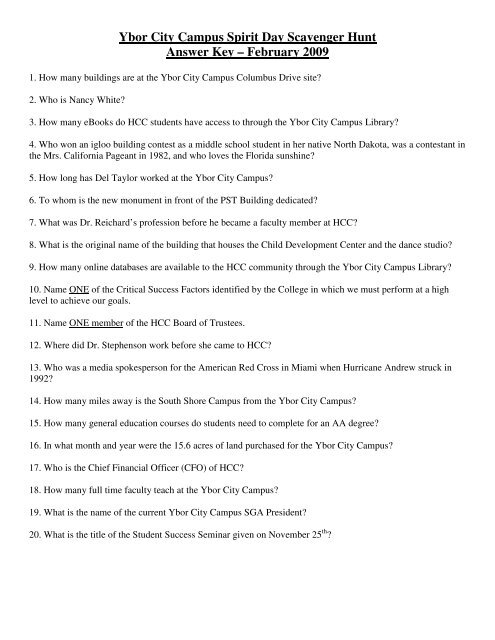 Ybor City Campus Spirit Day Scavenger Hunt Answer Key ...