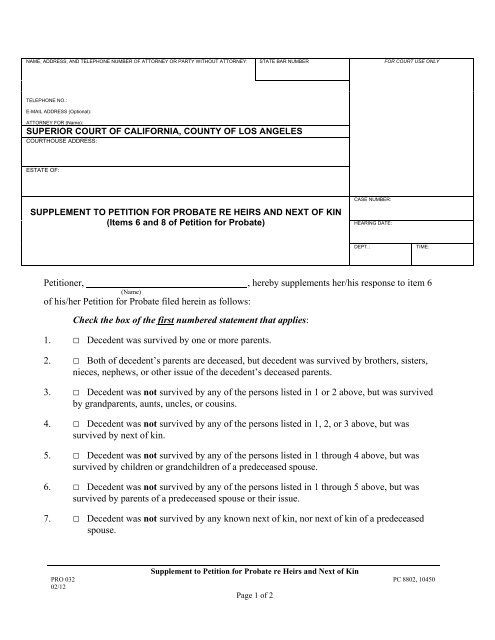 Supplement to Petition for Probate Re Heirs and Next of Kin