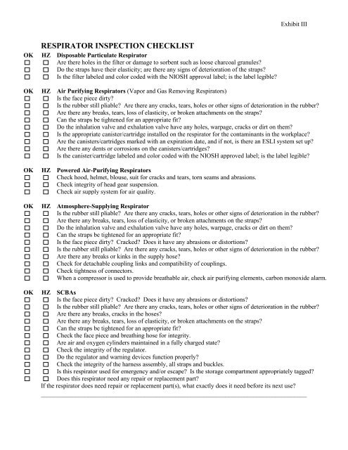 Respirator Inspection Checklist