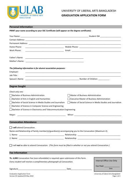 Download the Graduation Application Form (PDF) - ULAB