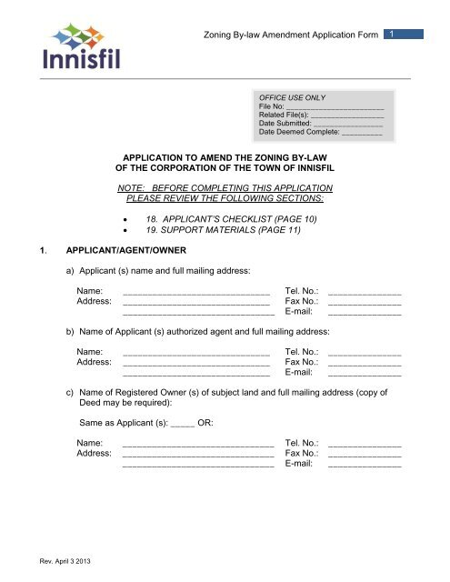 Zoning By-Law Amendment Application Form - Town of Innisfil