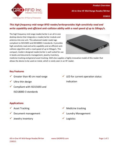 This high frequency mid-range RFID reader ... - GAO RFID Inc.