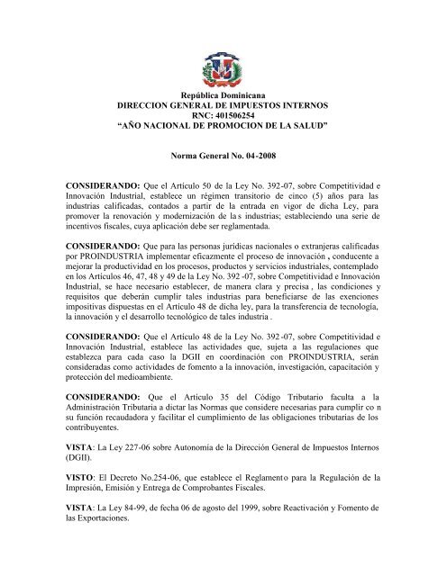 Norma General No. 04 - Direccion General de Impuestos Internos Norma General No. 04 - Direccion General de Impuestos Internos
