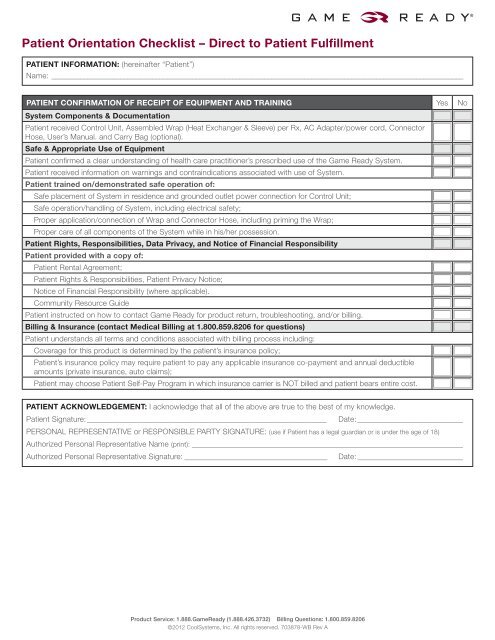 Patient Orientation Checklist â Direct to Patient ... - Game Ready
