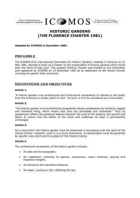 HISTORIC GARDENS (THE FLORENCE CHARTER 1981) - Icomos