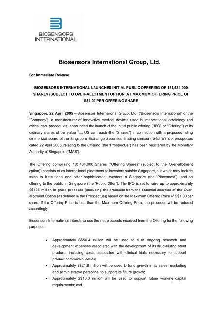 Biosensors International Launches Initial Public Offering Of ...