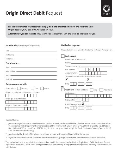 Origin Direct Debit Request - Origin Energy