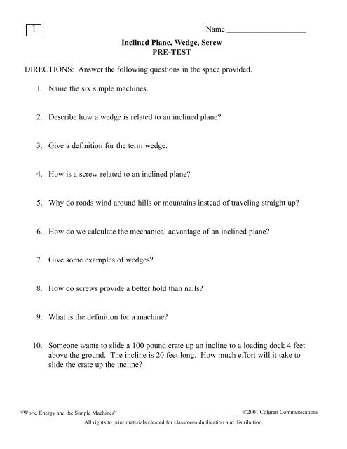 Inclined Plane, Wedge and Screw Worksheets
