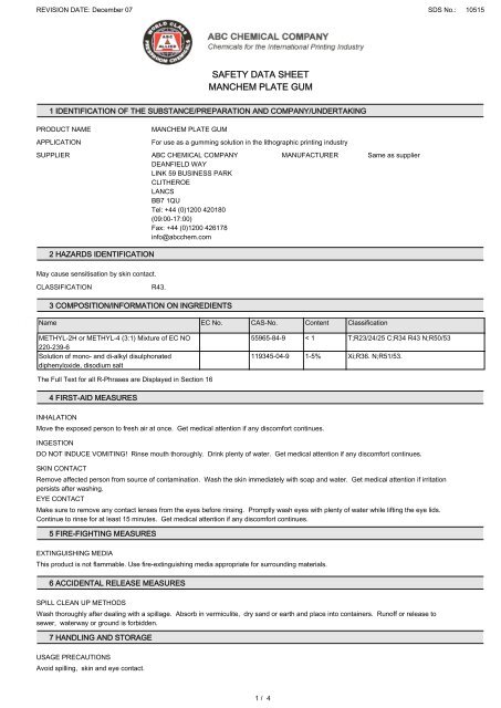 SAFETY DATA SHEET MANCHEM PLATE GUM - Offset Supplies