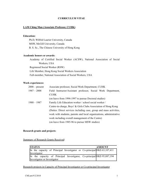 CURRICULUM VITAE LAM Ching Man (Associate Professor, CUHK)