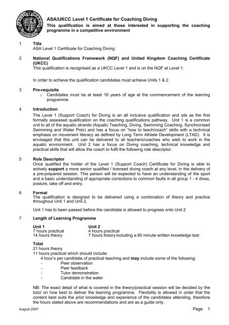 ASA/UKCC Level 1 Certificate for Coaching (Diving)