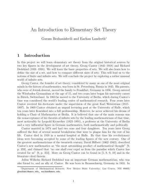 An Introduction to Elementary Set Theory - NMSU Department of ...