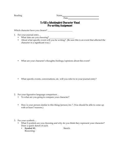 To Kill a Mockingbird Character Visual Pre-writing Assignment