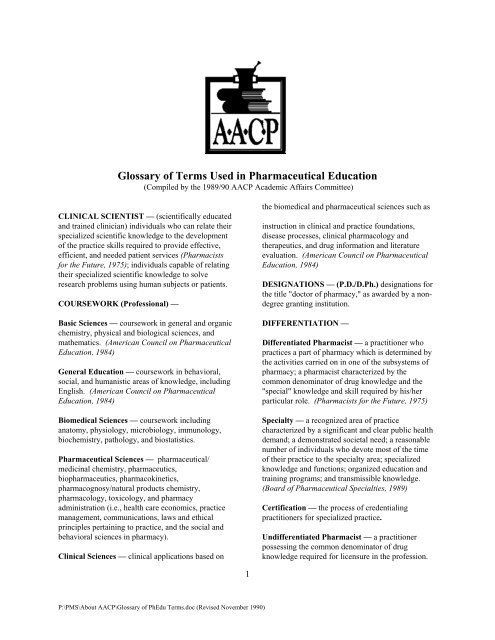 Glossary of Terms Used in Pharmaceutical Education - AACP