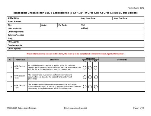Inspection Checklist for BSL3 BMBL5 - Select Agent Program
