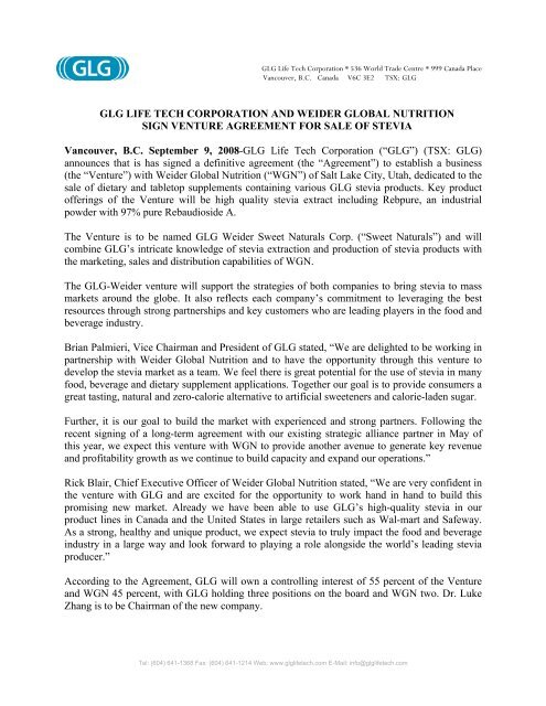 GLG and WGN Sign Venture Agreement for Sale of ... - GLG Life Tech