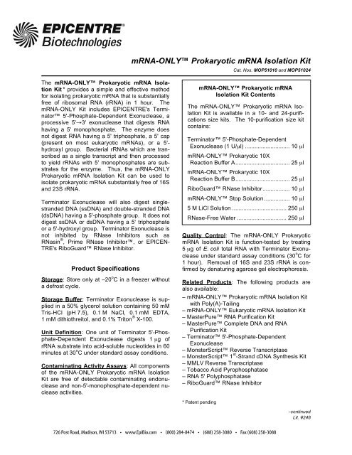Protocol for mRNA-ONLY™ Prokaryotic mRNA Isolation Kit