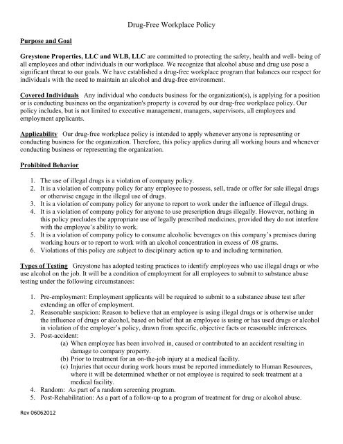 Drug-Free Workplace Policy - Greystone Properties