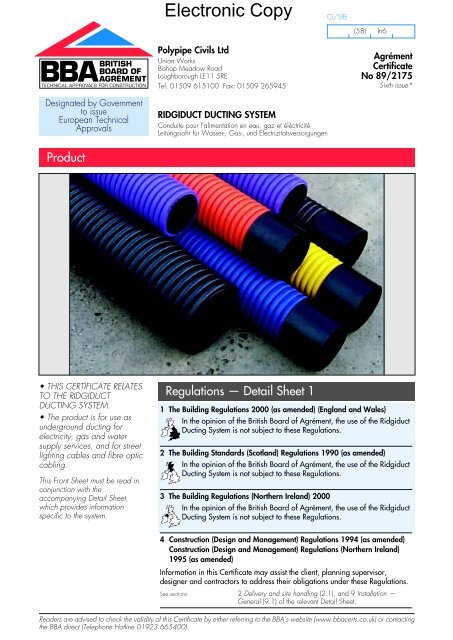 Ridgiduct BBA Building Regs - ducting system - Polypipe