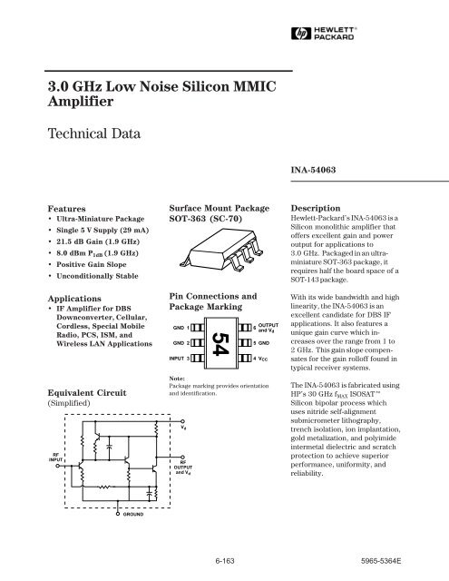 INA-54063: 3.0 GHz Low Noise Silicon MMIC Amplifier