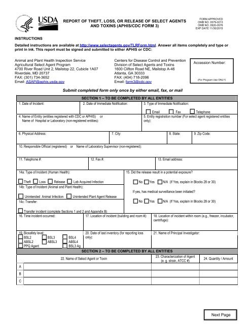 APHIS/CDC FORM 3 - Select Agent Program