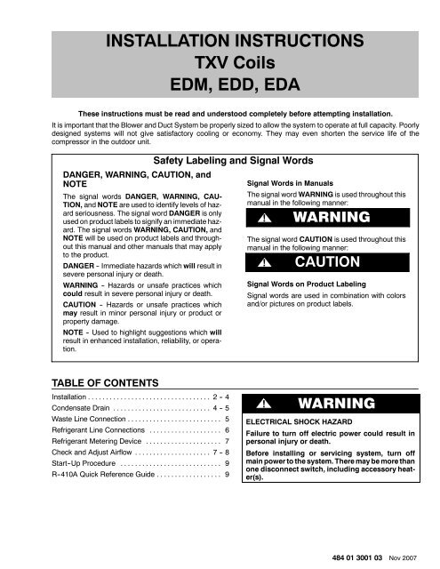 INSTALLATION INSTRUCTIONS TXV Coils EDM, EDD, EDA