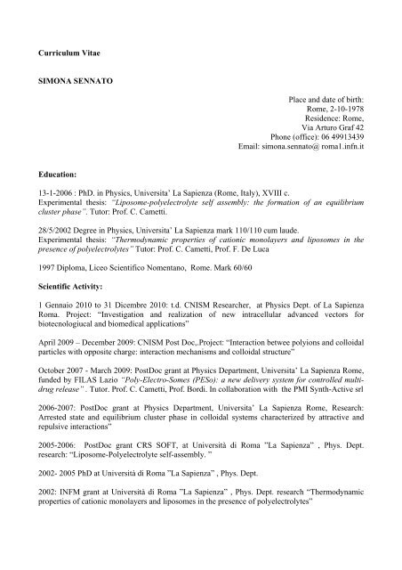 Curriculum Vitae SIMONA SENNATO Place and date ... - La Sapienza