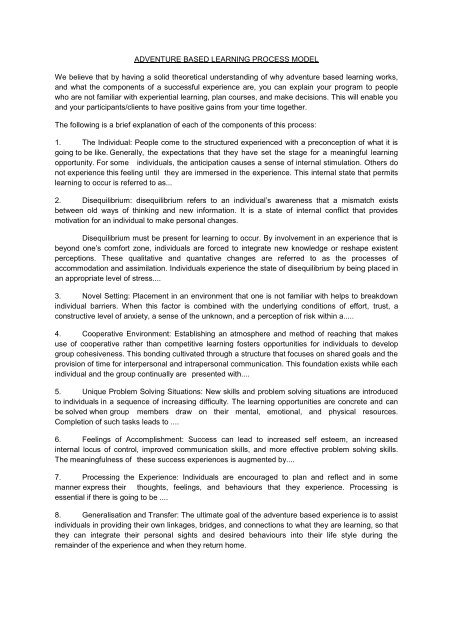 ADVENTURE BASED LEARNING PROCESS MODEL We believe ...