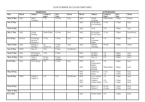 GCSE SUMMER 2012 EXAM TIMETABLE ... - South Axholme