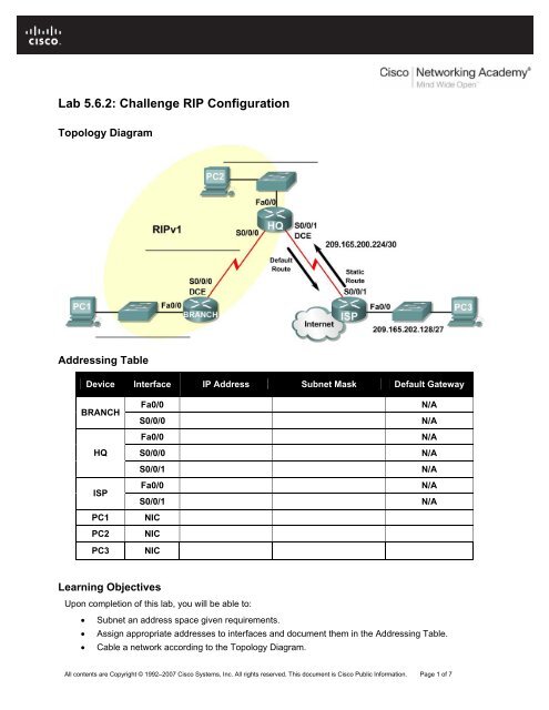 Lab 5.6.2: Challenge RIP Configuration