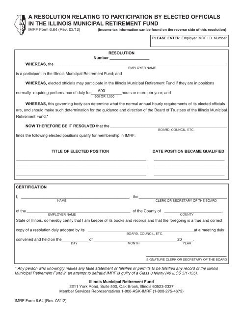IMRF Form 6.64 A Resolution Relating to Participation by Elected ...
